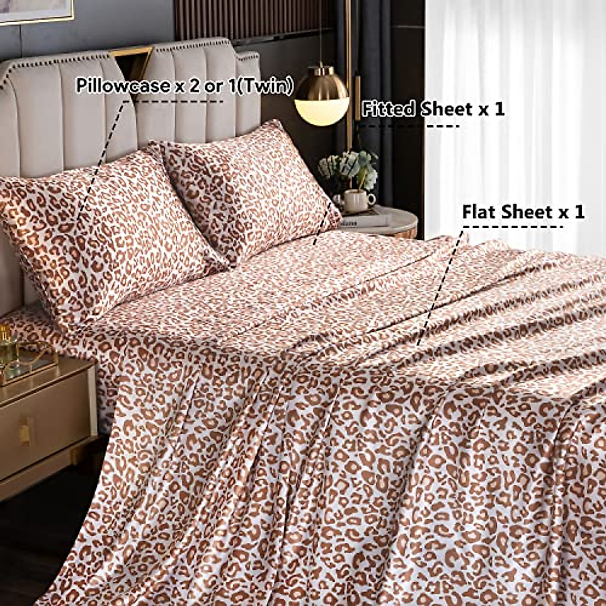 UDEAL California King Sheet Sets, 4 Pieces Silky Soft Satin Bed Sheets, Luxury California King Sheets Deep Pocket, Breathable & Fade Resistant, Beige Leopard