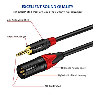 DREMAKE Male XLR to 3.5mm Audio Stereo Cable 6FT, Unbalanced 3.5mm to 3-Pin XLR Male Microphone Cable, Jack 3.5mm 1/8'' to XLR Patch Cable for Computer, Video Camera, Equalizer, Powered Amplifier