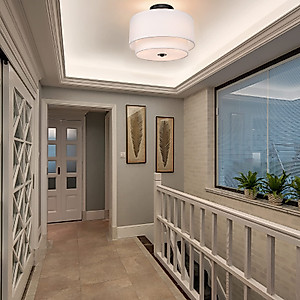 Modern Flush Mount Ceiling Light Fixture - Easric Light Fixtures Ceiling Mount Hallway Light Fixtures Ceiling with White 2-Layer Fabric Shade Drum Ceiling Lights for Bedroom,Living Room,Kitchen,Foyer