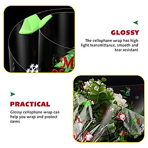 STOBOK Christmas Cellophane Wrap Roll: Unfolded Width 32 X 100FT Santa Claus Pattern Clear Paper Wrapper Transparent Gift Wrapping Packing Paper for Flower Basket Xmas, 3 Mil Thicken