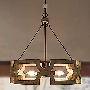 LALUZ Farmhouse Chandelier, Wood Drum Chandelier for Kitchen Island, Foyer, Dining Room, Distressed White, 3-Light, 19.5" Dia