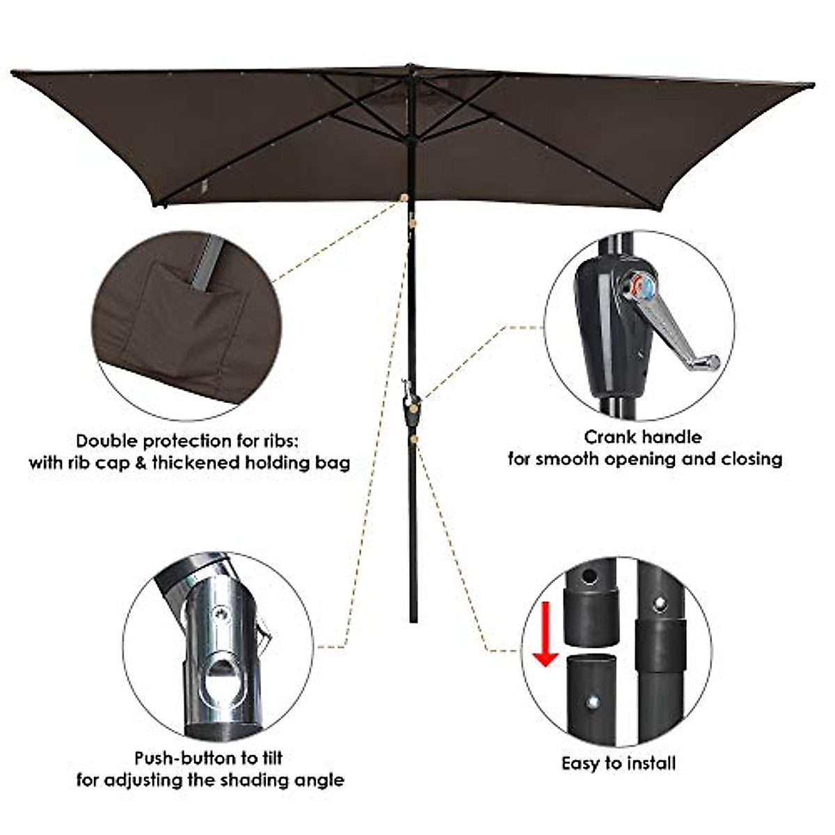 Yescom 10x6.5 ft Rectangle Outdoor Patio Aluminium Umbrella Solar Powered Led Light Crank Tilt Chocolate(Pack of 2)