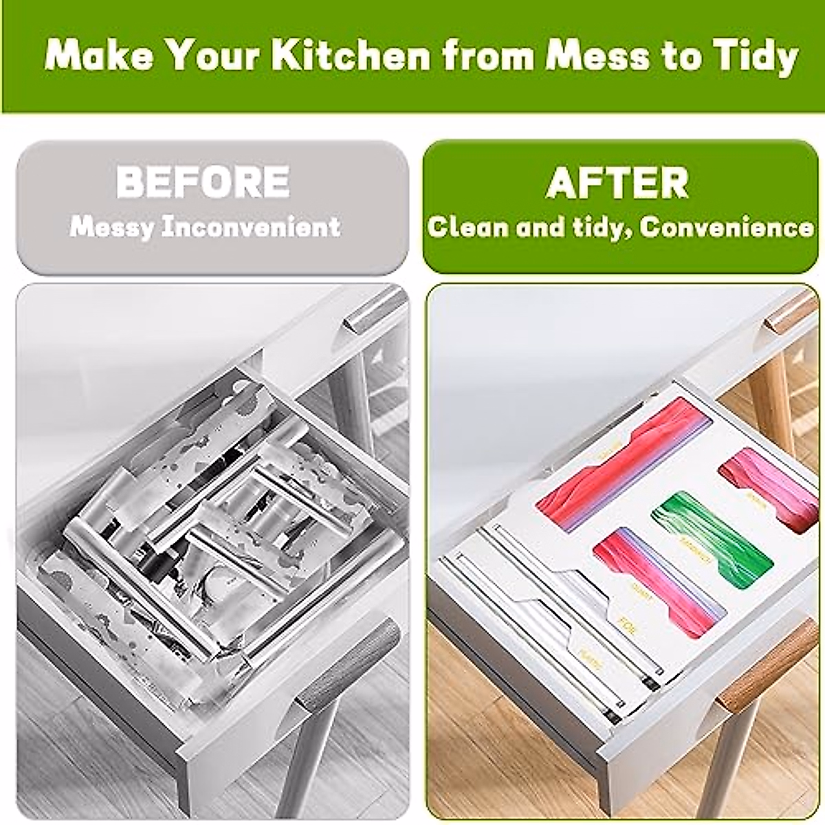 Tclouda Bag Organizer for Ziplock, Foil and Plastic Wrap Organizer, 6 in 1, Bamboo Dispenser with Cutter for Kitchen Drawer and Wall Mounted, Storage for Gallon, Quart, Sandwich, Snack, White