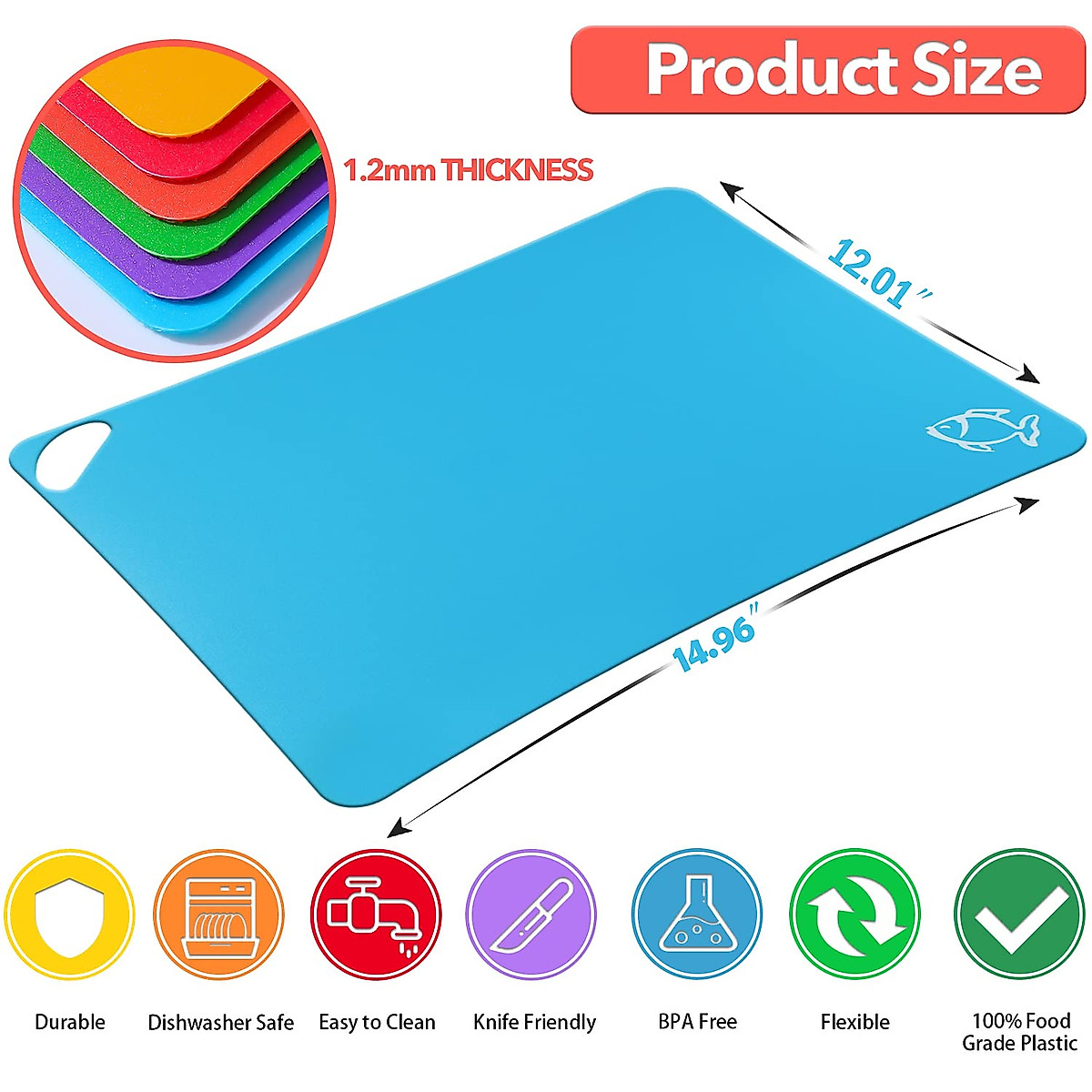 Plastic Cutting Board Mats Set,Flexible Kitchen Chopping Board,Colored Cutting Mats With Food Icons & Easy-Grip Handles & Anti-skid Back,BPA-Free,Non-Slip,Dishwasher Safe,Set of 6