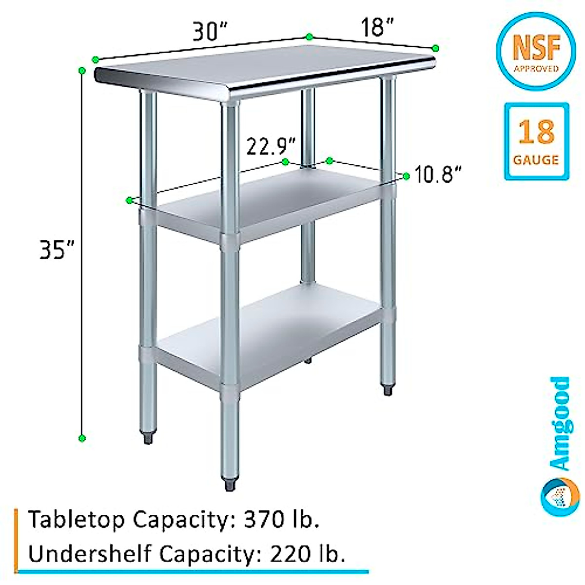 30" Long X 18" Deep Stainless Steel Work Table with 2 Shelves | Metal Food Prep Station | Commercial & Residential NSF Utility Table