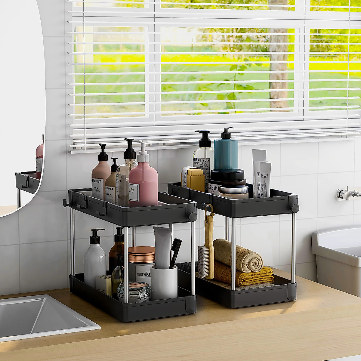 2 Pack Under Sink Organizer,2 Tier Under Sink Organizers and Storage,Under Cabinet Organizer with Hooks,Multi-Purpose Standing Rack Organizer for Bathroom Kitchen