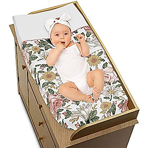 Sweet Jojo Designs Vintage Floral Boho Girl Baby Nursery Changing Pad Cover - Blush Pink, Yellow, Green and White Shabby Chic Rose Flower Farmhouse
