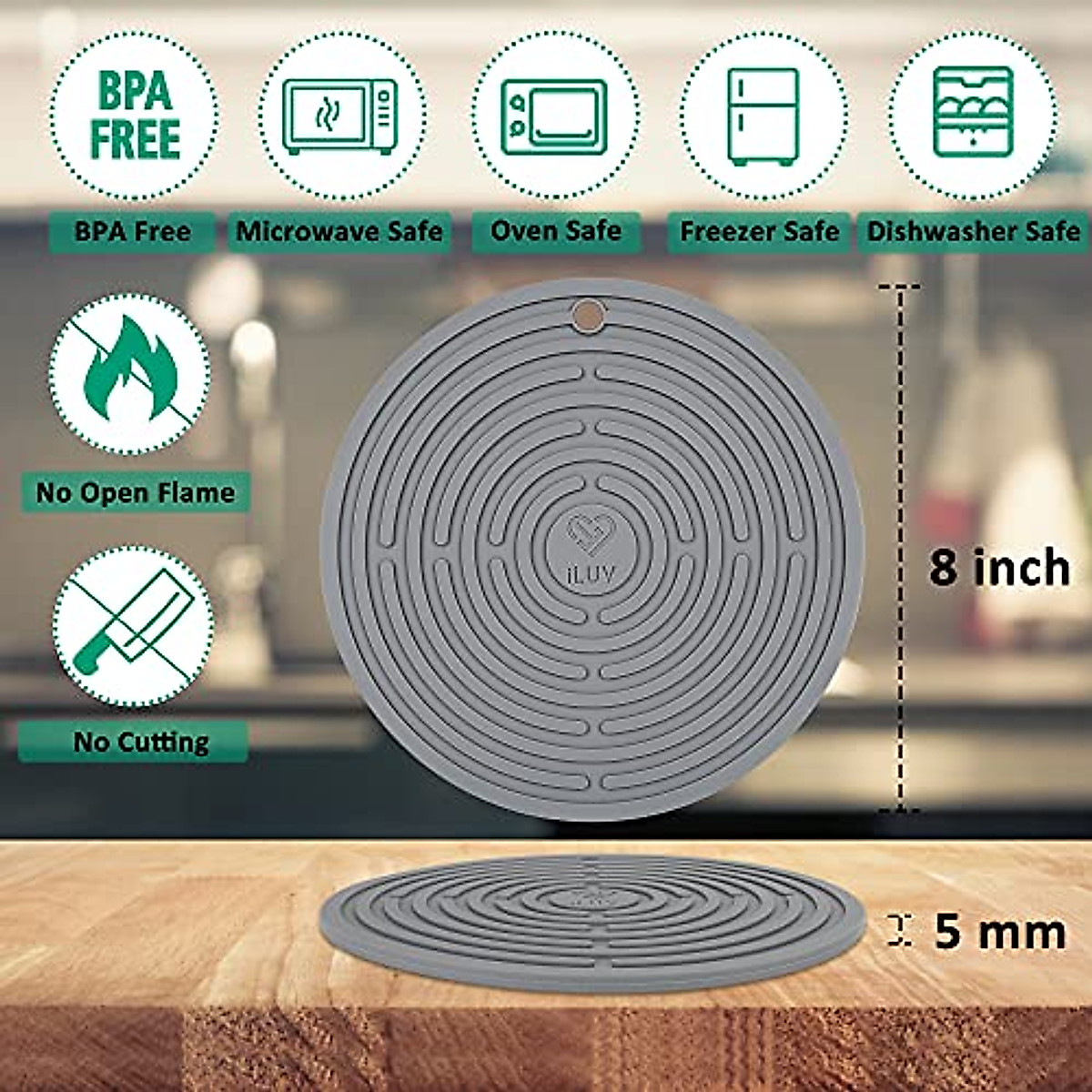 iLUV Silicone Trivets - Extra Thick for Hot/Cold Pans, Pots, and Dishes Holders - Coffee Mats, Tea Pads, Utensil Spoon Rest - Heat Resistant Food Grade Cooking/Baking/Serving - Multi-Use 8" 3pcs Gray