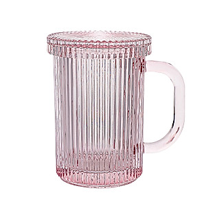 Lysenn Pink Glass Coffee Mug - Classic Vertical Stripes Tea Mug - Elegant Coffee Cup with Glass Lid for Latte, Espresso - Lovely Gift for Christmas, Anniversary and Birthday - 11 oz