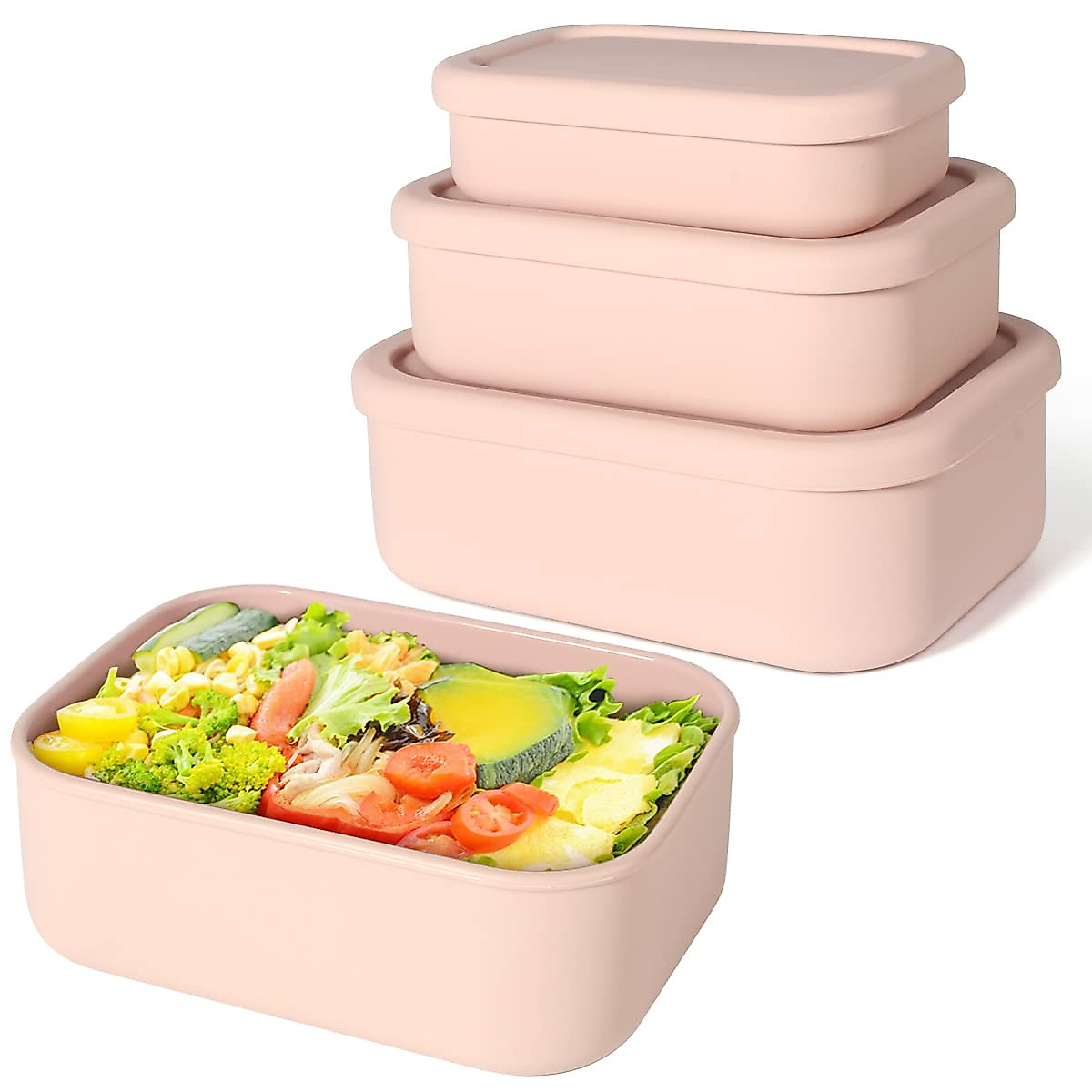 Keweis Silicone Food Storage Containers, Set of 3 Silicone Bento Lunch Box Containers with Lids, Hard-Shell Silicone, Airtight, Microwave, Dishwasher and Freezer Safe (10oz, 23.6oz, 44oz)