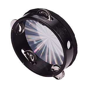 Daerzy 6 Inch Wooden Radiant Tambourine Handbell Hand Drum with Single Row Jingles Reflective Drum Head Percussion Instrument Musical Toy for Adults Kids Dancing Singing Party, Black