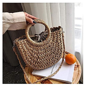 Rattan Handmade Straw Tote Handbag Beach Shoulder Bag Summer Beach Rattan Bag Straw Bag (White)