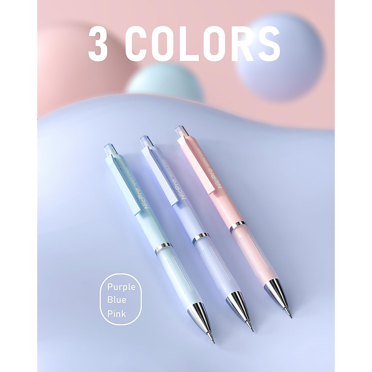 Nicpro 3PCS Pastel Mechanical Pencil Set, 0.9 Mechanical Pencil with 6 Tubes HB Lead 0.9mm, 3PCS Eraser & 9PCS Eraser Refill, Cute School Supplies for Writing, Sketching, Drafting-With Case