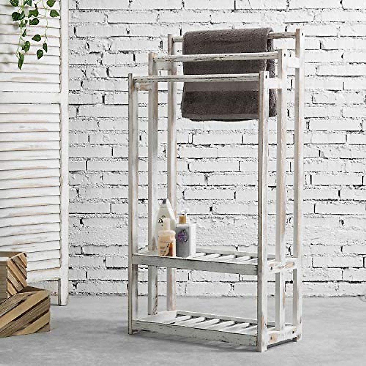 MyGift 3 Tier Farmhouse Whitewashed Solid Wood Bathroom Towel Rack, Freestanding Bath Towel Drying Holder Stand with 2 Slatted Bottom Storage Organizer Shelf