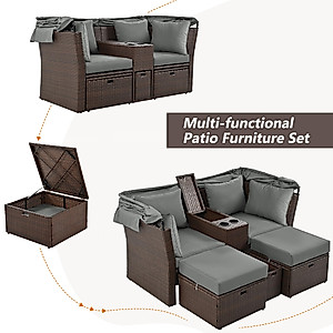 P PURLOVE Outdoor Loveseat Chaise Lounge with Canopy, 2-Seater Outdoor Patio Double Daybed with Foldable Awning and Cushions, Outdoor Loveseat Sofa Set for Lawn, Garden, Backyard, Porch Pool (Grey)