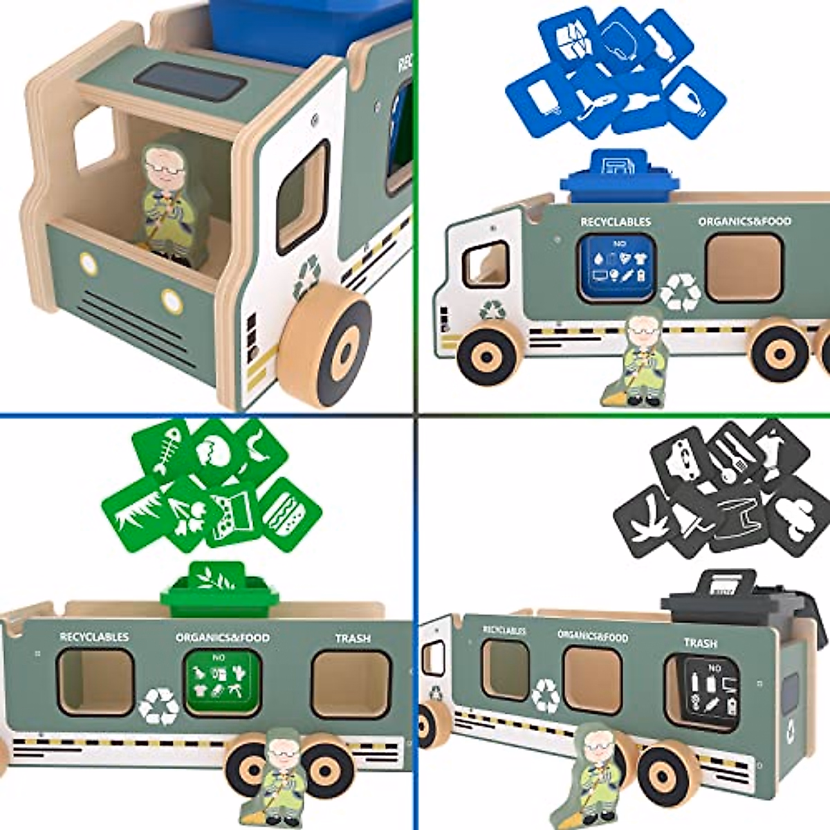 DUKVSG Large Wooden Garbage Truck Toy, Waste Management Recycling Truck Toy with 3 Trash Cans, Educational Toys and Gift for Kids, Toddlers, Boys, Girls 3 4 5 6 7 Years Old