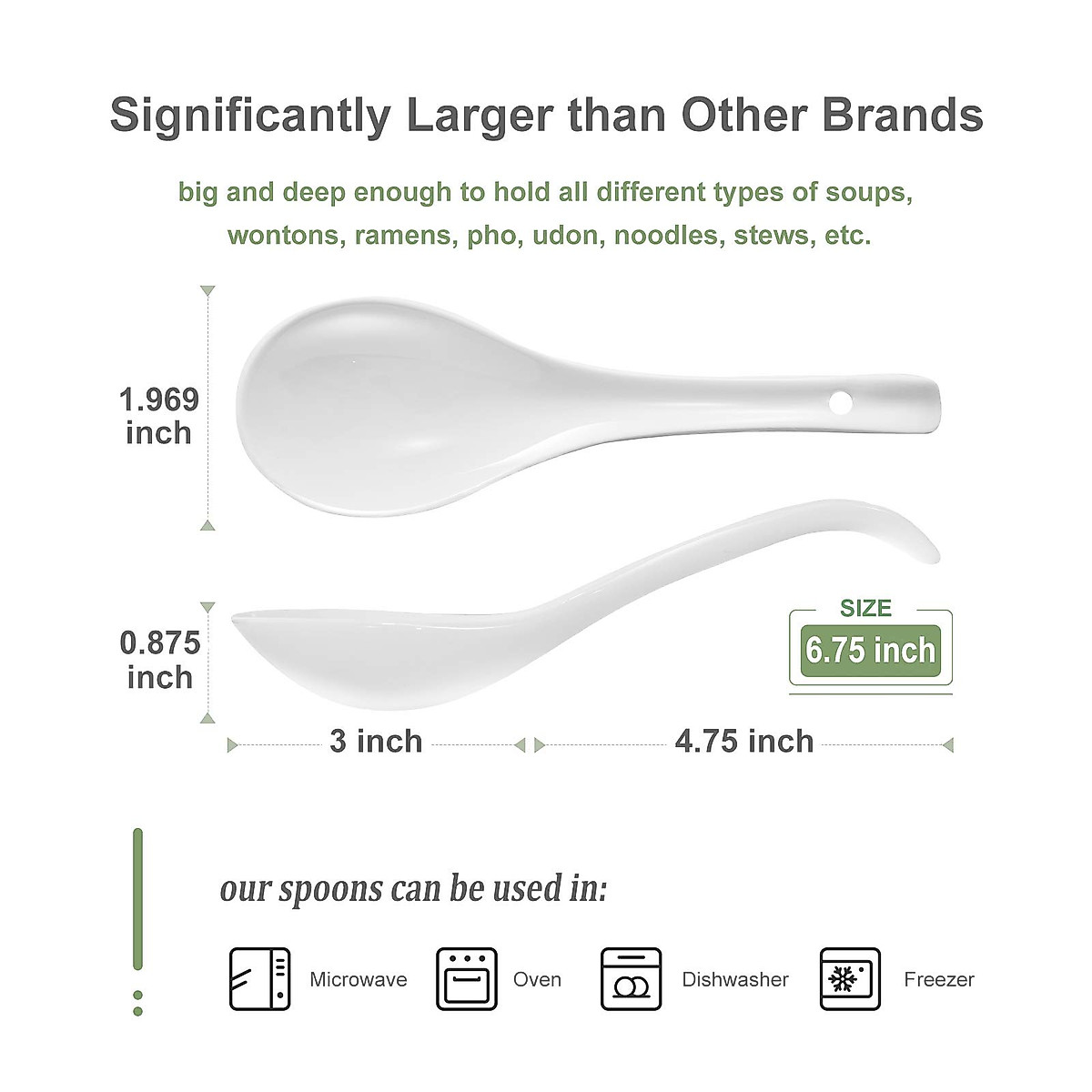 NJCharms Ceramic Soup Spoons Set of 6, 6.8 inch Large Asian Soup Spoon sets Suitable for Pho, Ramen, noodles, White