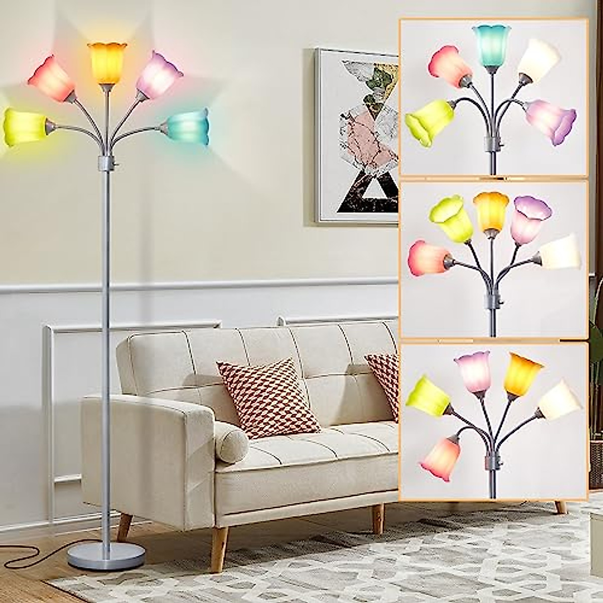 GyroVu Medusa LED Floor Lamp, Multi Head Modern Tall Lamp with Adjustable Gooseneck Standing Lamps Led Tall Lamp for Living Room Bedroom Kids Room Office 6 Color Lampshades Bulb Not Included Silver