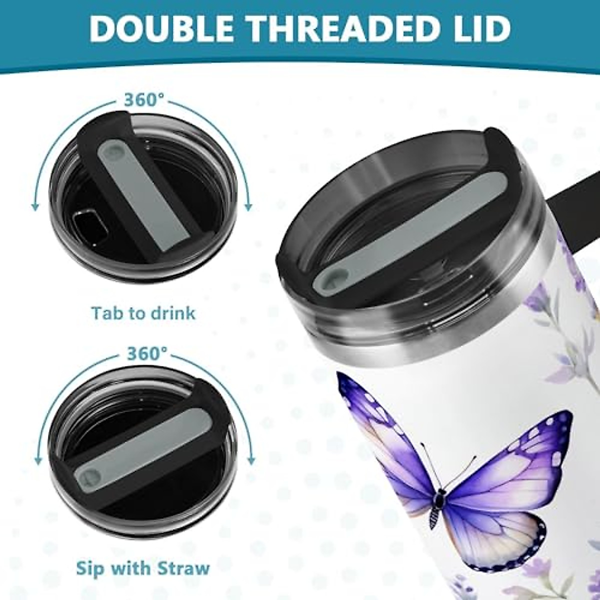 FRCSDIY Lavender Insulated Tumbler with Handle and Straw Lid,40oz Leakproof Stainless Steel Cup BPA-Free Water Bottle