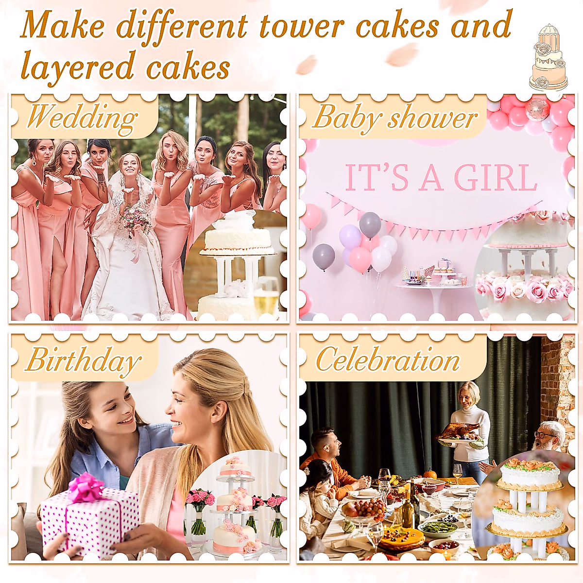 27 Pcs Cake Tier Stacking Kit Including 12 Pcs 3 Size Roman Column Cake Tiered Stands Cake Pillars 6 Pcs 12/16/20cm Cake Boards Cake Separator Plates and 9 Pcs Cake Dowel Rods for Wedding Cakes