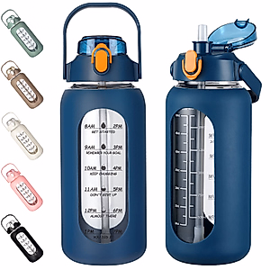kytffu 64oz Glass Water Bottles with Straw, Half Gallon Motivational Glass Bottle with Silicone Sleeve and Time Marker, 2L Leakproof Large Glass Water Jug for Gym Home Office,Blue