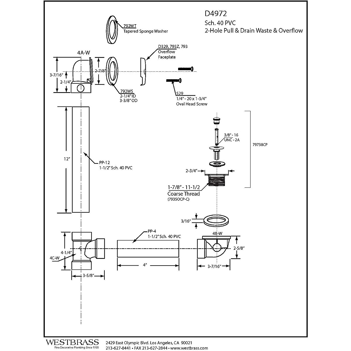 Westbrass D4972-12-62 1-1/2" Bath Waste & Overflow Assembly with Pull Drain Stopper and Two-Hole Faceplate Top Elbow - SCH. 40 PVC, Matte Black (12-Pack)