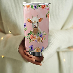 Goat Tumbler With Flip Lid - Flower Stainless Steel Insulated Travel Mug for Hot and Cold Drinks, Hiking, Camping, Office - 20oz Coffee Cup