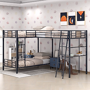 Polibi L-Shaped Metal Corner Bunk Bed with Two Ladders, Twin Over Twin Bunk Bed with Twin Loft Bed w/Desk and Shelf