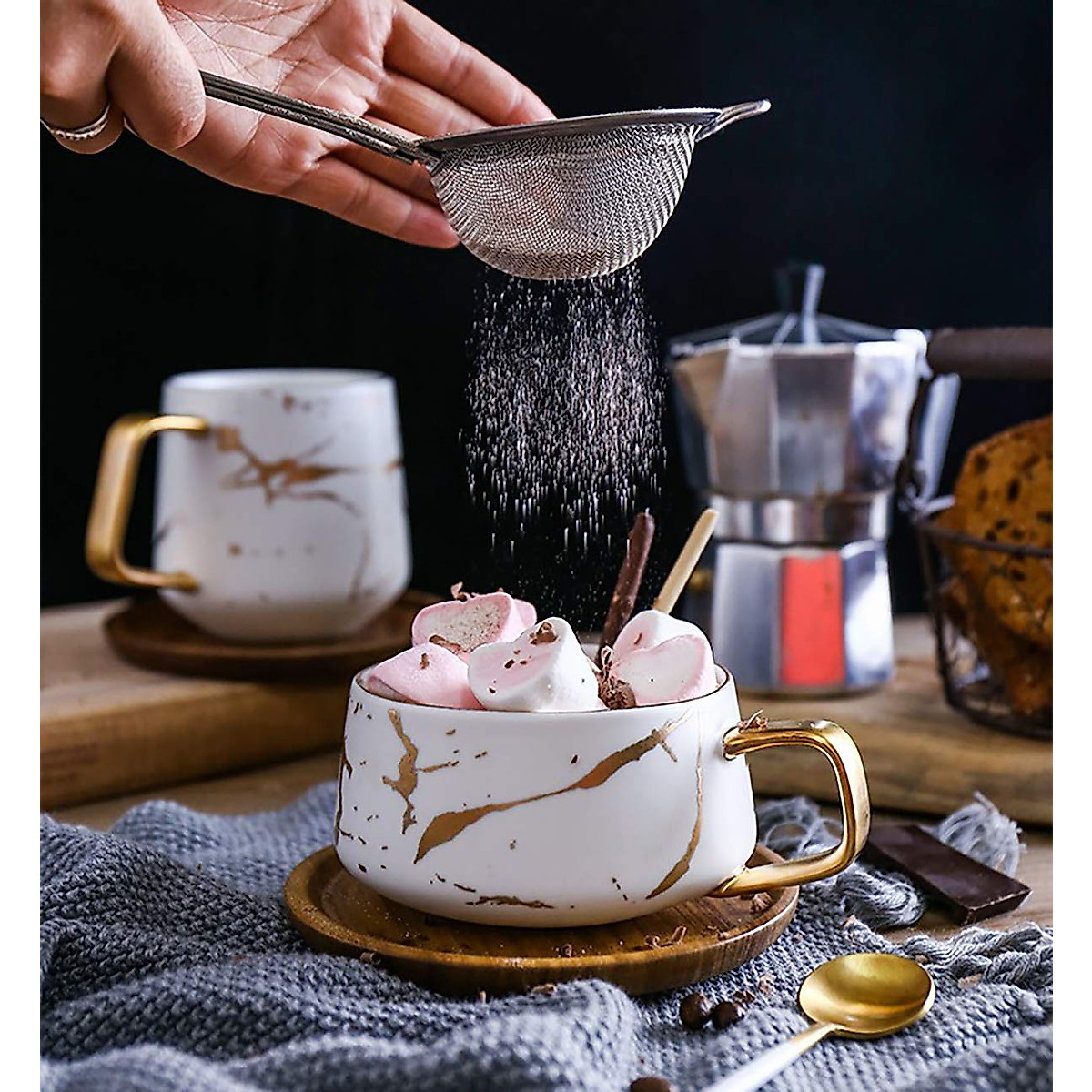 Jusalpha 10 oz Luxury Golden Hand Print Coffee Teacup with Bamboo Saucer Set Fashion Marble Pattern for Women TCS19 (White)