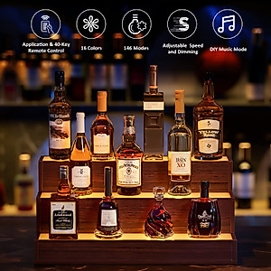 Cubehom LED Lighted Liquor Bottle Display Shelf, 24 Inch Bar Display Shelf with App & Remote Control 3 Tier for Home Bar, Party, Walnut