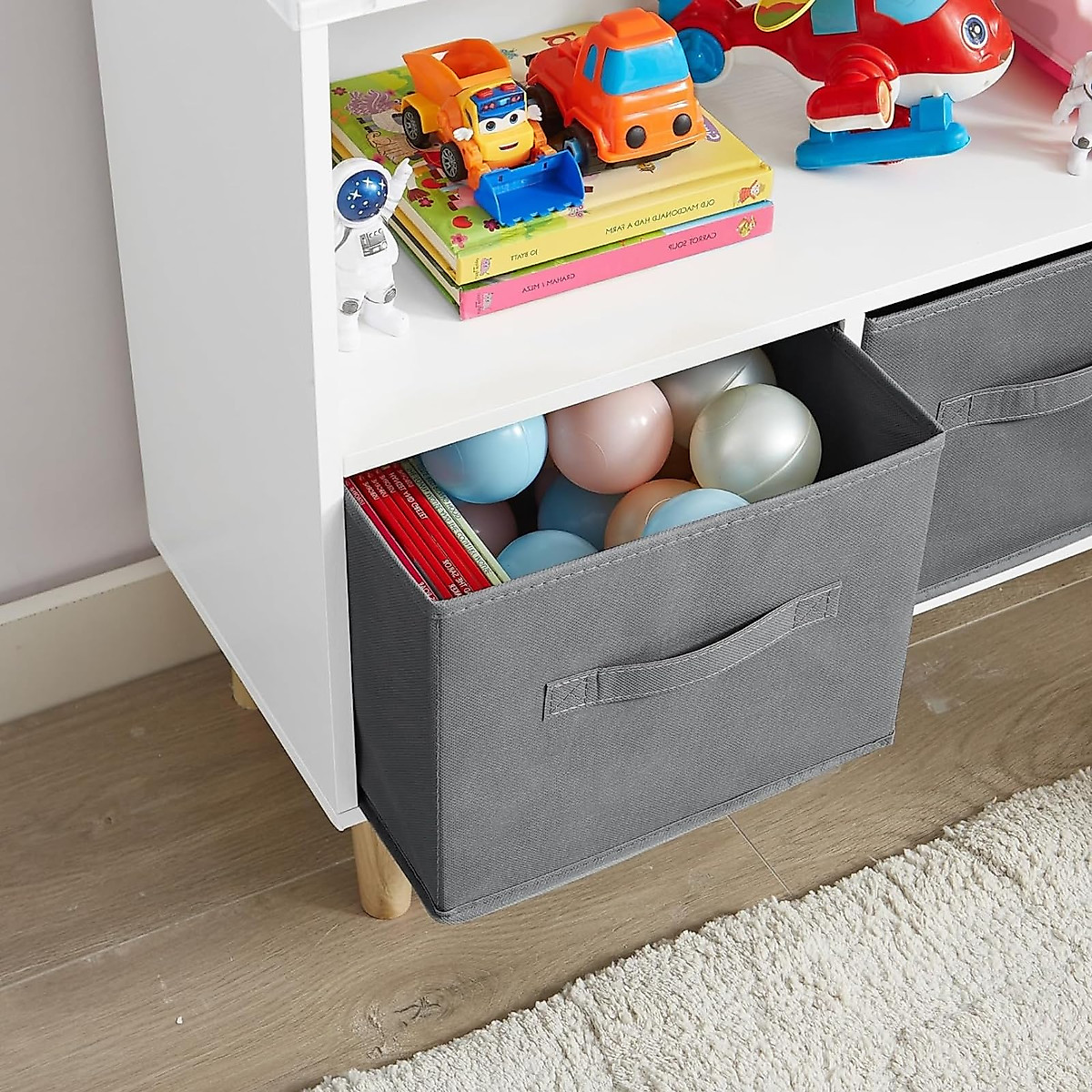 CUANBOZAM 35 Inch Wooden Storage Organizer Cubby with Fabric Bins, Children Kids Bookshelf with Drawers - Toy Storage Cabinet Organizer for Playroom and Bedroom