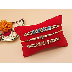 Palak Global Rakhi Bracelet, Wrist Band. Fancy unique beautiful stones blue white, red stones, gift celebration (Fancy Rakhi Set of 3 - Design 1, Small) (PLK32)