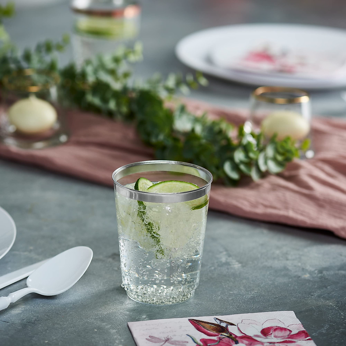 PLASTICPRO Disposable Plastic Tumblers (Silver Rim, 50)