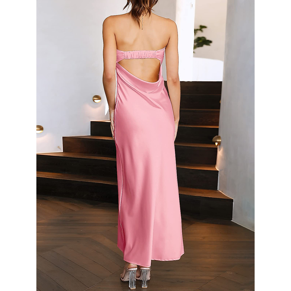 ANRABESS Women Summer Wedding Guest Maxi Dress Strapless Satin Tube Bodycon Backless Cocktail Formal Dresses 2025 Spring Pink