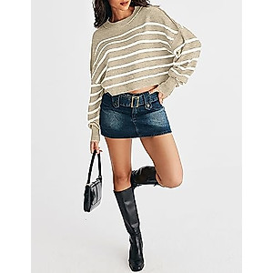 MEROKEETY Womens Striped Cute Trendy Going Out Side Split Pullover Sweater for Teen Girls, Oatmeal, Small