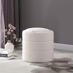 HomePop Storage Round Ottoman with Removable Lid Home Décor|Upholstered Round Foot Rest Ottoman - Cream Boucle