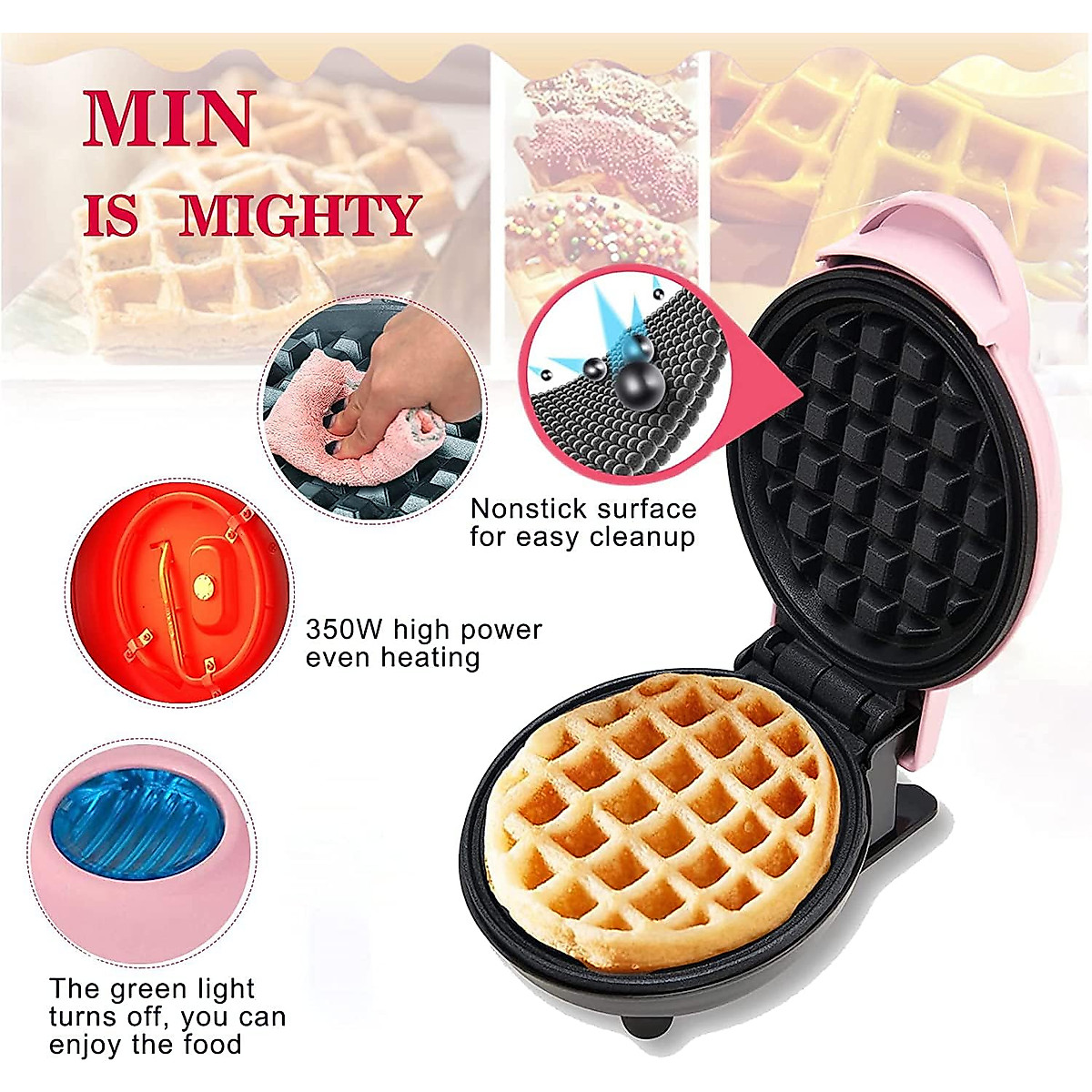 Mini Maker Waffle Maker 5“ Non-Stick Waffler Iron Stuffler Stuffed Wafflera Adjustable Browning Control, Heart, Azure