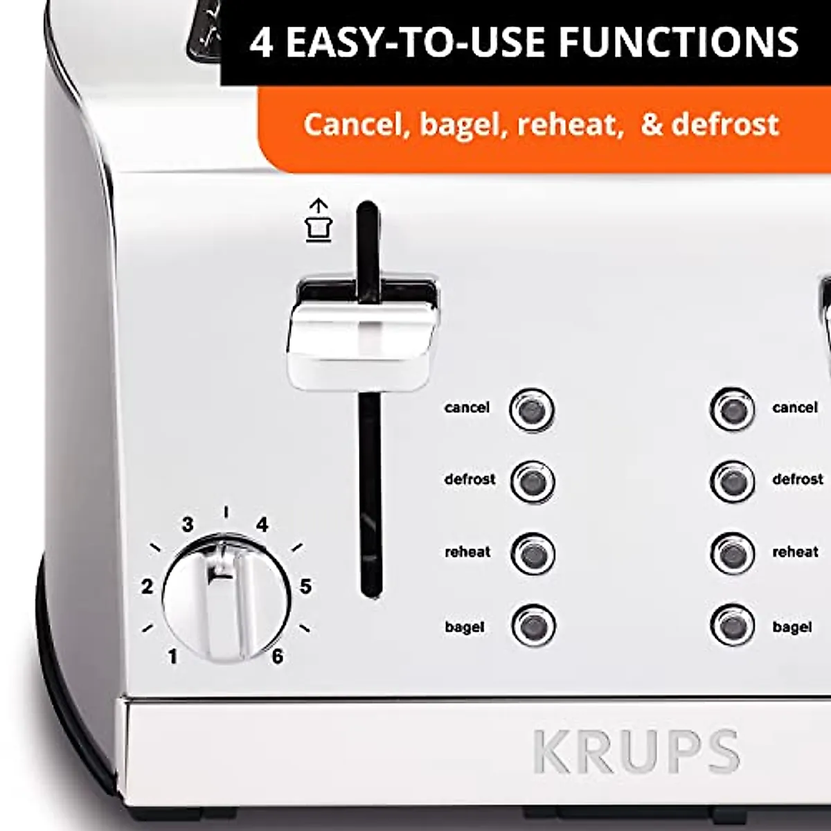 KRUPS KH734D Breakfast Toaster with Brushed and Chrome Stainless Steel Housing, 4-Slices with Dual Independent Control Panel, 6-browning levels, Silver