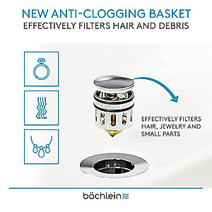 Bächlein Bathroom Sink Drain with Overflow - Chrome Pop Up Drain incl. 3 Extra Seals - German Brand