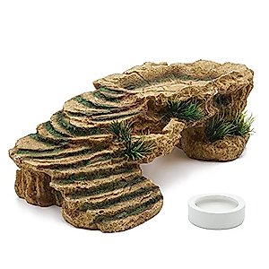 PAULOZYN Reptile Shale Scape Step Ledge Ramps Turtle Basking Platforms Hide Cave 12.6in Large Rock for Reptile Aquarium Bearded Dragon Chameleon Tortoise Lizards Resin, with Ceramic Food Dish Bowls