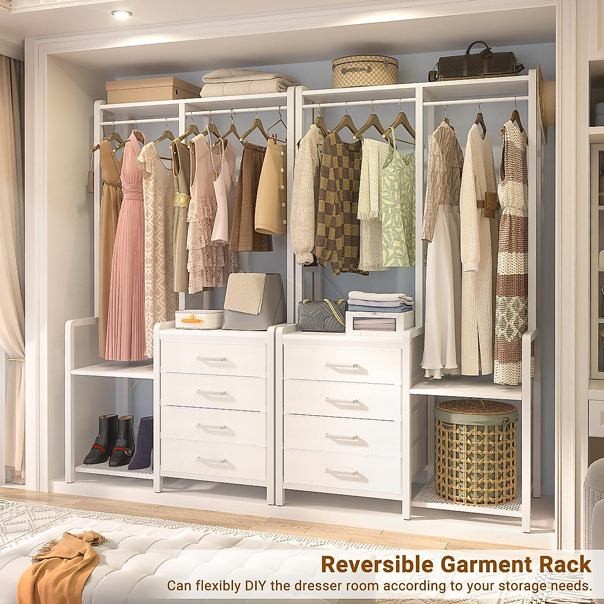 Cyclysio Small Clothes Rack with 4 Drawers, Reversible Garment Rack with Storage Shelves & Charging Station, Freestanding Closet System Organizer with 2 Hooks for Small Spaces, White