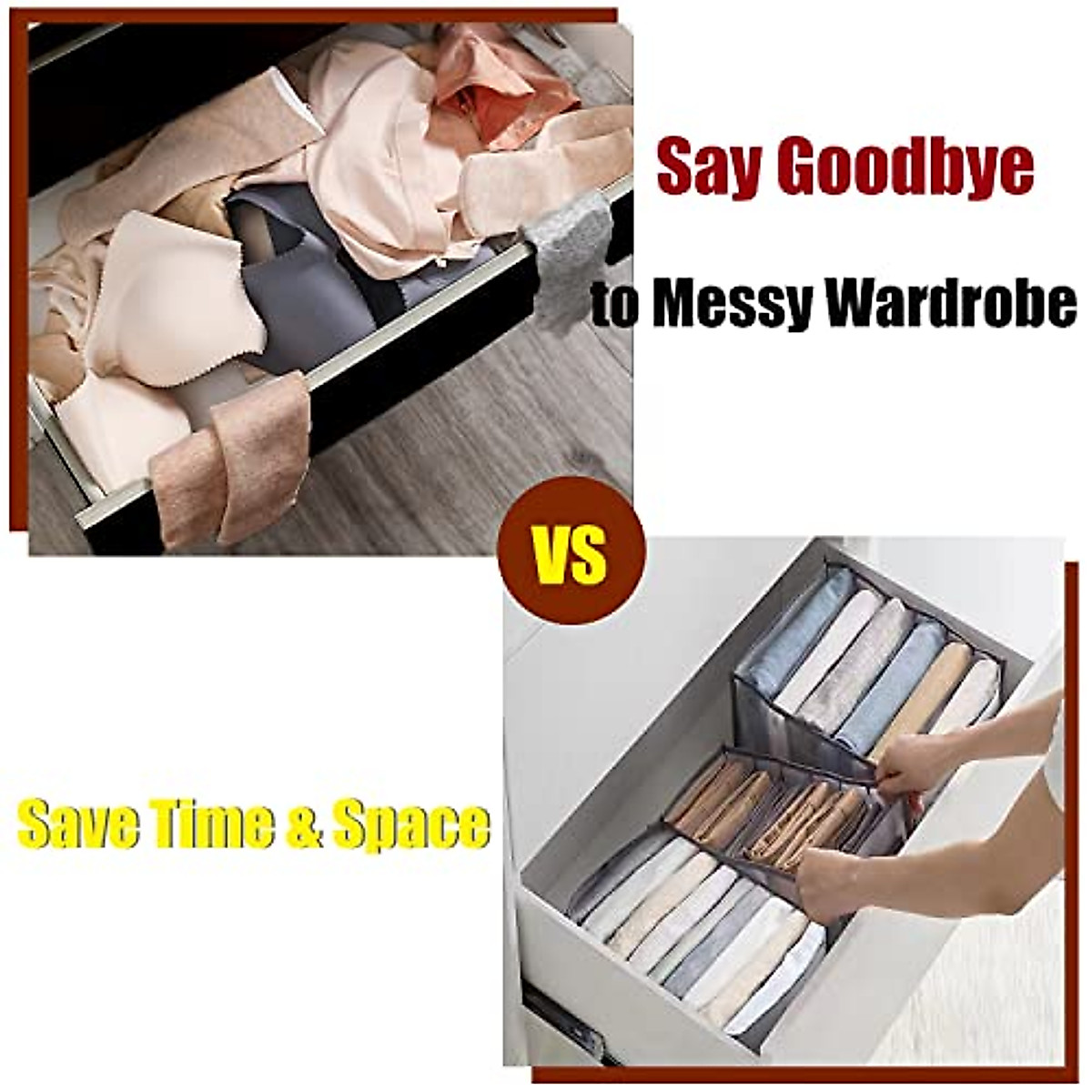 Wardrobe Clothes Organizer, 7 Grid Washable Jeans Drawer Organizer with Compartment Storage Box,Foldable Drawer Closet Clothing Organizer Basket for T-Shirt,Set of 2 (Grey with Handle)