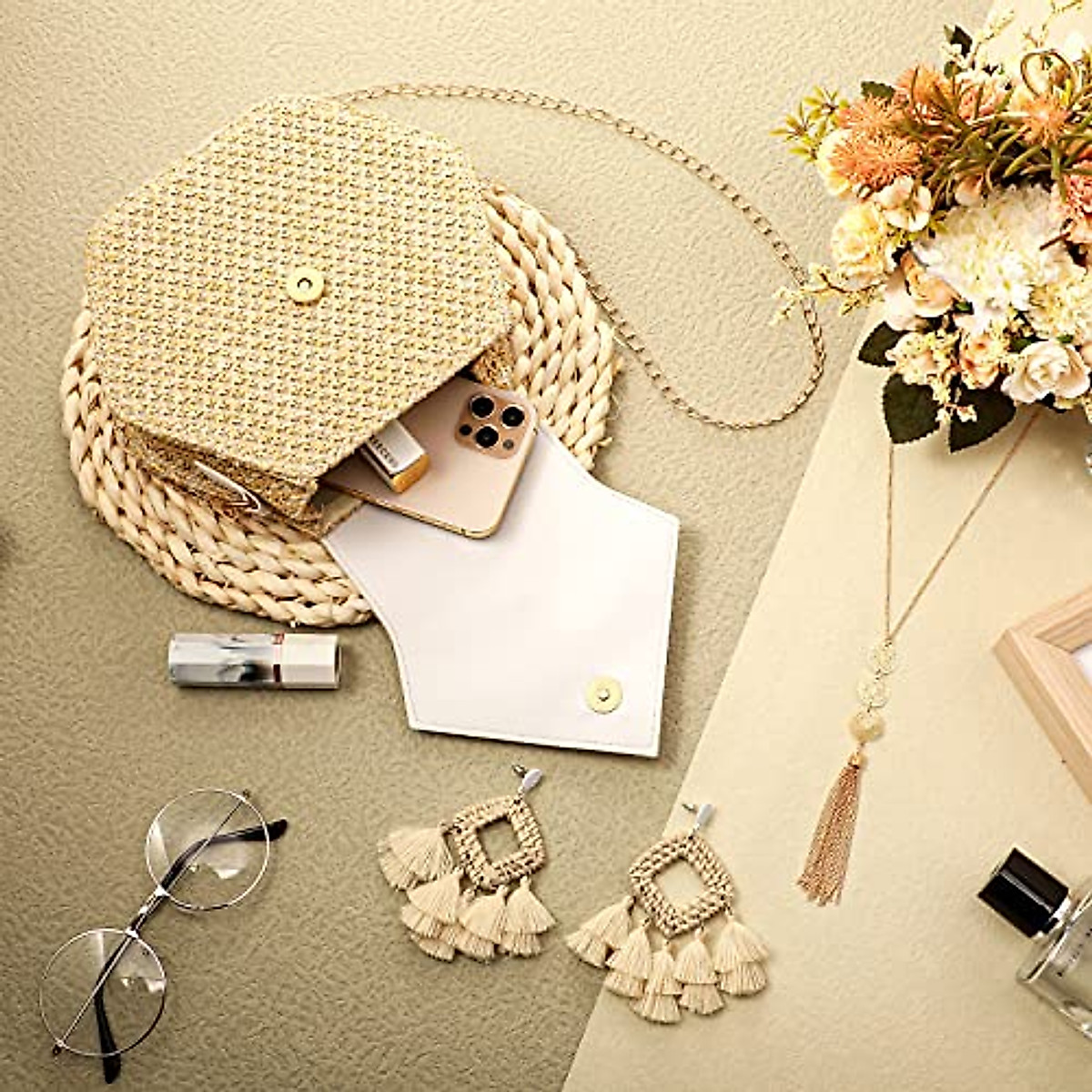 3 Pcs Women's Crossbody Straw Bag Straw Shoulder Bag Bohemia Rattan Tassel Earrings Pendant Tassel Long Hollowed Out Necklace (White)