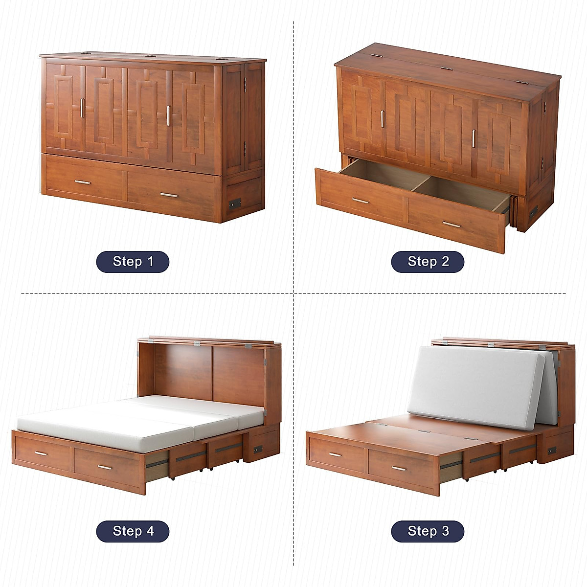 ijuicy Murphy Bed, Queen Size Cabinet Bed with Foldable Memory Foam Mattress & USB Charging Station & 2 Large Drawers for Guests Room/Bedroom-Reddish Brown