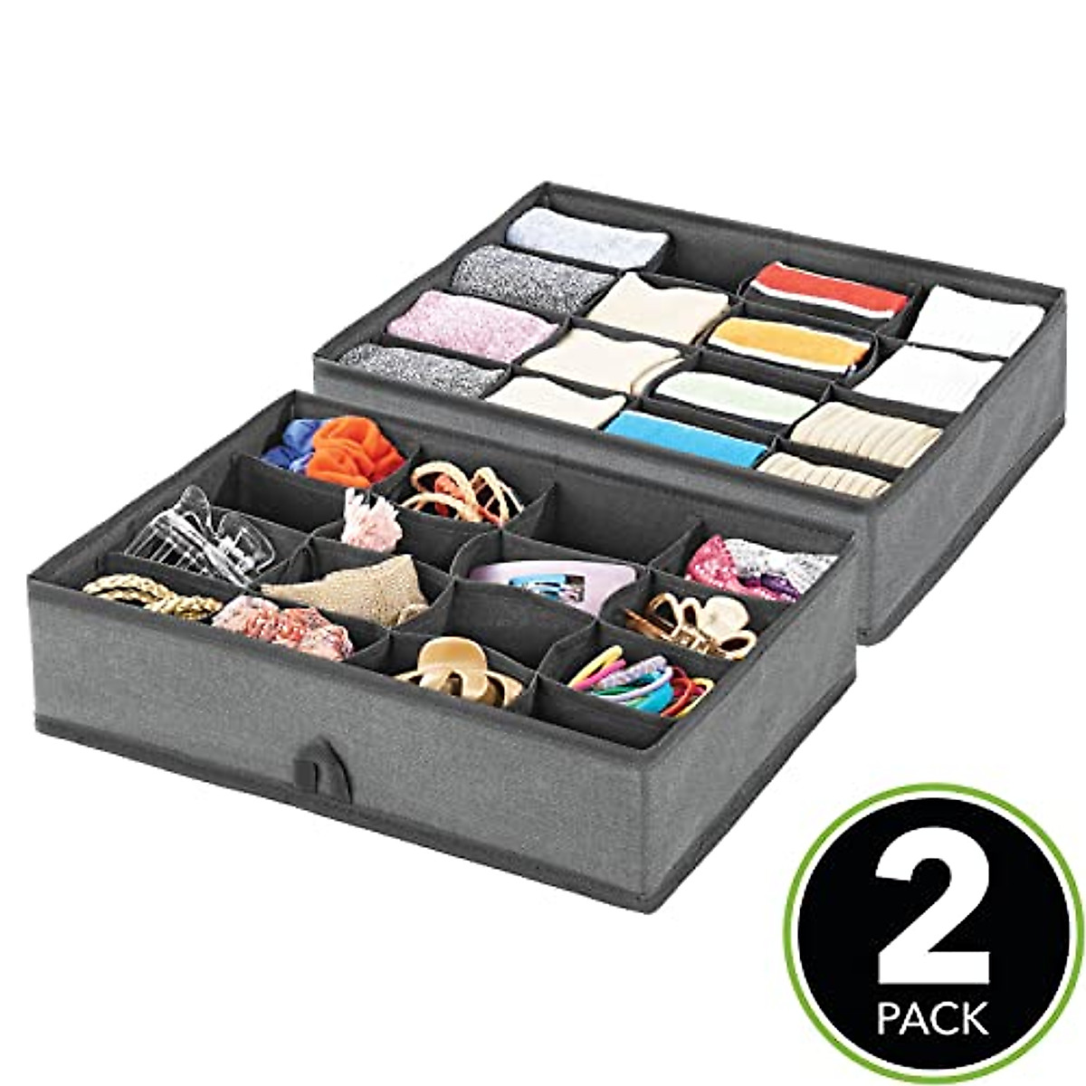 mDesign Soft Fabric Dresser Drawer and Closet Storage Organizer Tray - 16 Sections for Lingerie, Bras, Socks, Leggings, Underwear, Jewelry, Scarves - Textured Print, 2 Pack - Charcoal Gray/Black