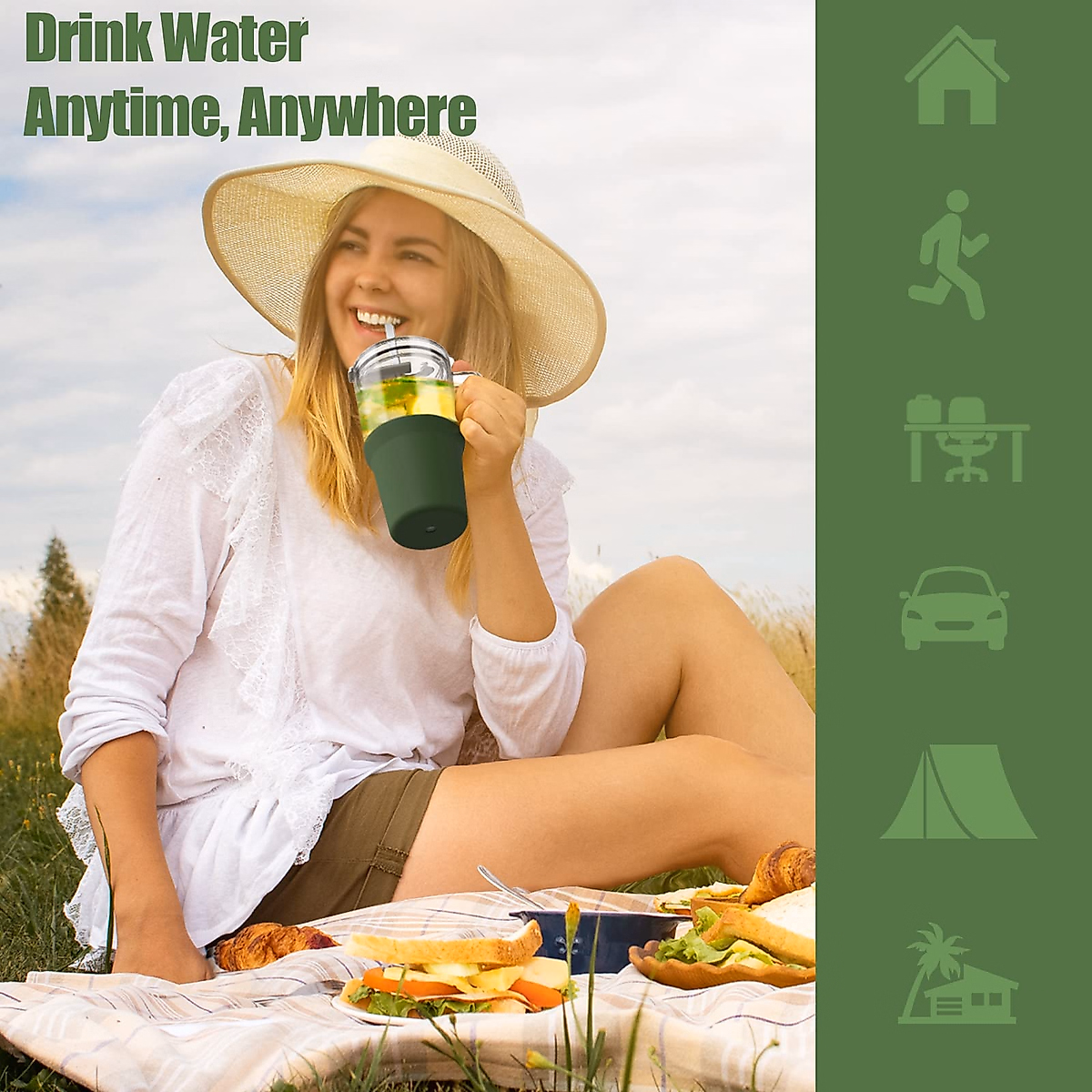 Sursip 32 oz Glass Tumbler with Handle, Glass Water Bottles with Lid and Straw, Reusable Iced Coffee Cup with Silicone Sleeve - Fits in Car Holder, BPA Free, Leak Proof, Dishwasher Safe (Olive Green)