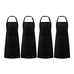 Syntus 4 Pack Adjustable Bib Apron Thicker Version Waterdrop Resistant with 2 Pockets Cooking Kitchen Aprons for Women Men Chef, Black