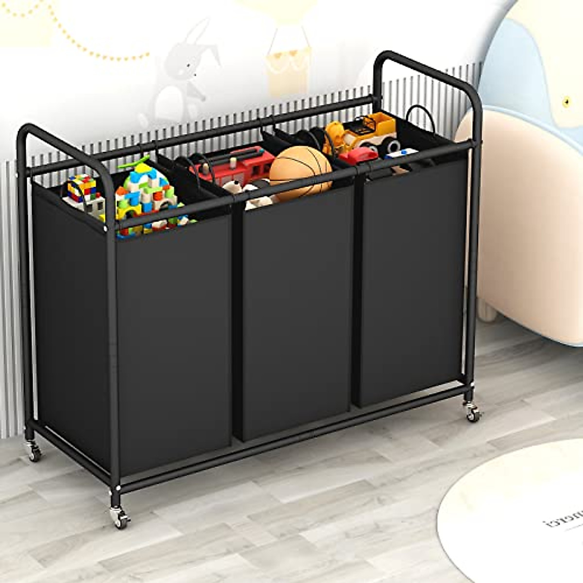 LINZINAR 3-Bag Laundry Sorter Laundry Hamper Cart with Heavy Duty Rolling Lockable Wheels and Removable Bags (Black)