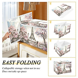 Kigai Beautiful Paris Eiffel Tower Lidded Home Storage Bins, Foldable Storage Basket with Double Handle, Flip-Top Storage Box for Toys Clothes Documents