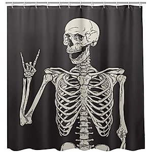 GETTOGET Rock and Roll Skull Skeleton Bone Love Music Shower Curtain Polyester Waterproof, Sugar Candy Skull Day of Dead On Black Backdrop Bath Room Shower Curtain with 12 Hooks